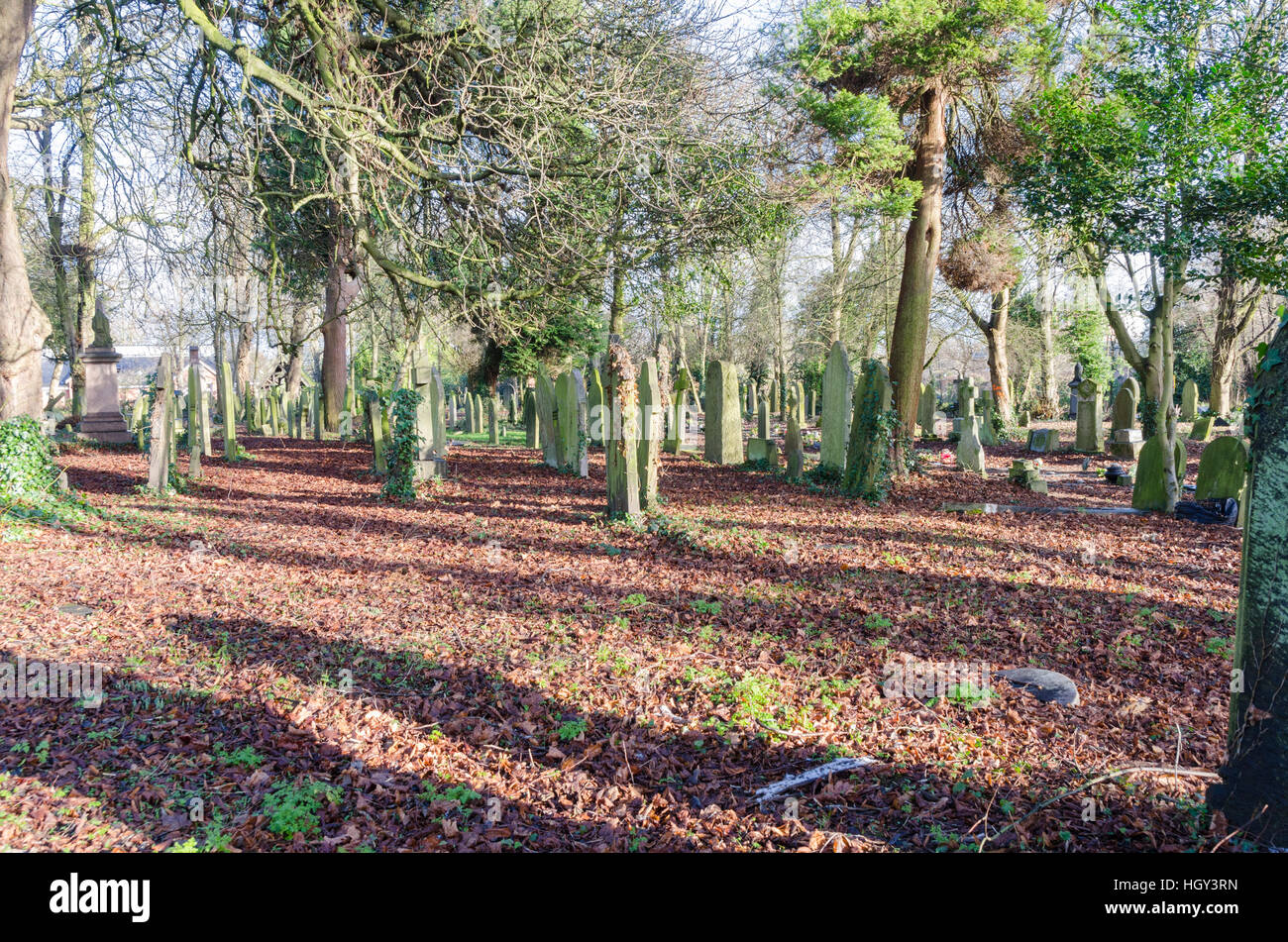 Headstones and trees in a church graveyard Stock Photo - Alamy