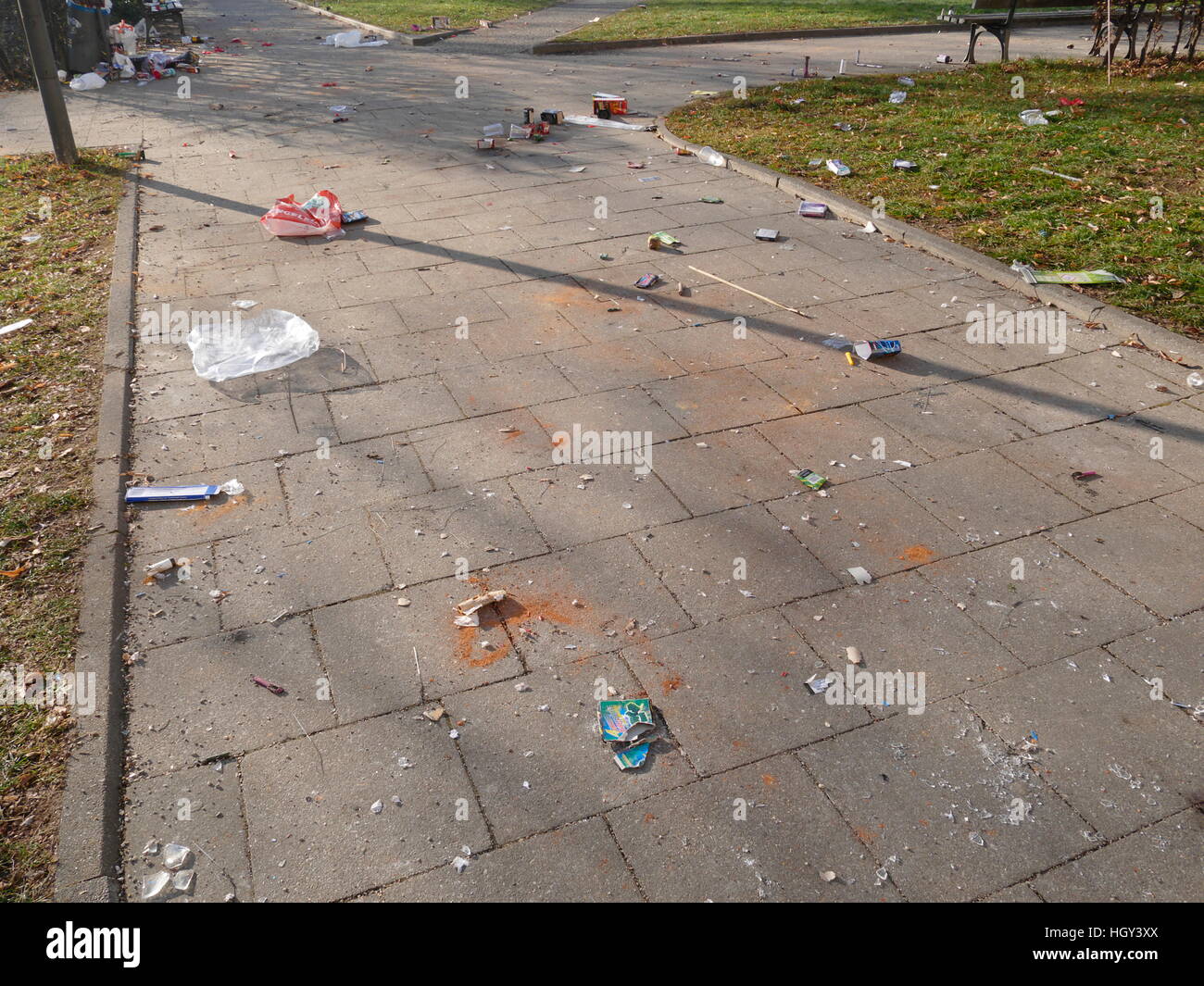 New Year Silvester night firework waste garbage rubbish in public place ...
