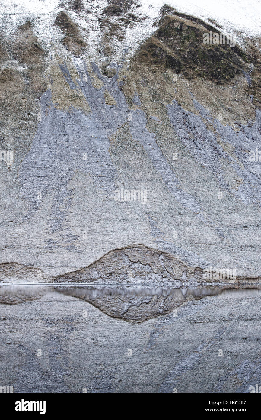 Mountainside rock and frost with reflections on Talla reservoir ...