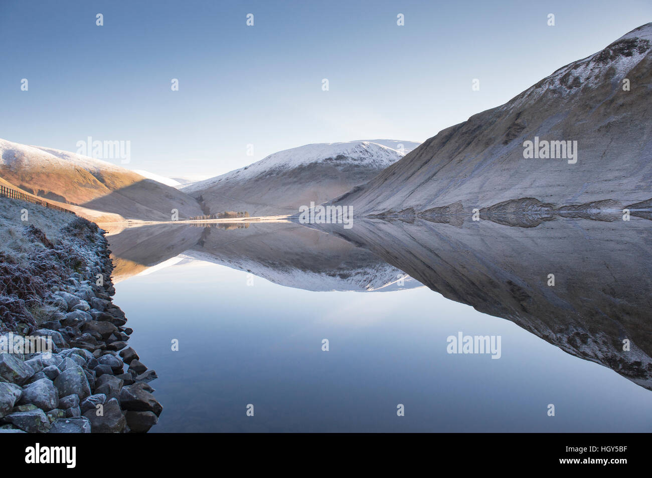 Mountainside rock and frost with reflections on Talla reservoir ...