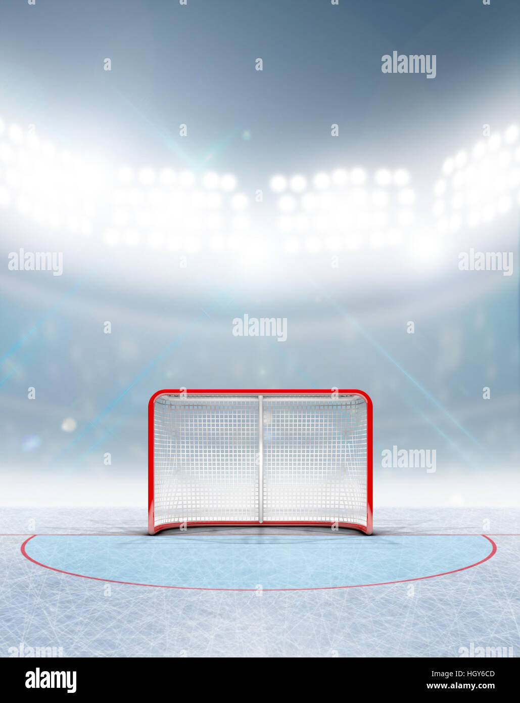 A 3D render of an ice hockey rink stadium with a red goal under ...