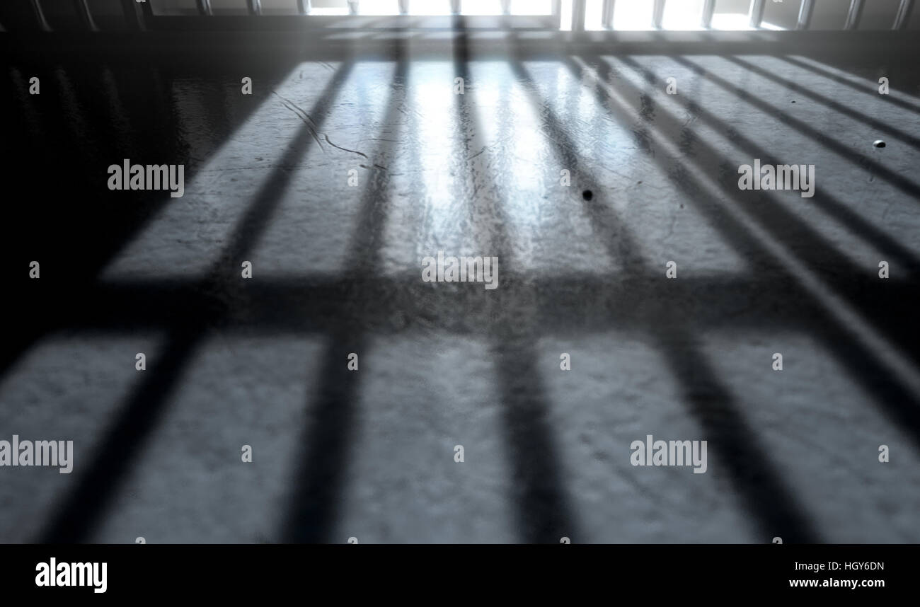 A 3D render of a closeup of view of a jail cells iron bars with a closed door casting shadows on ...