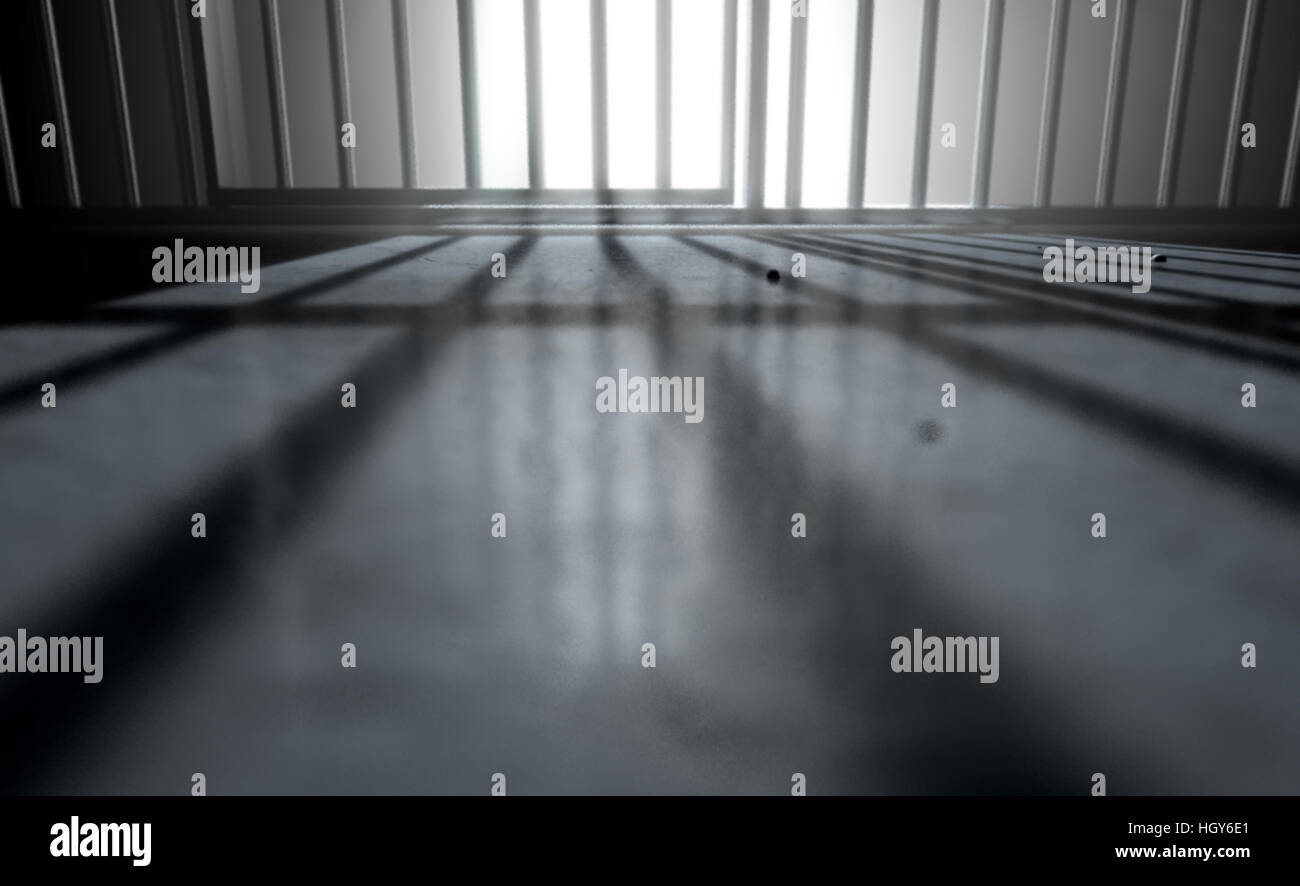 A 3D render of a closeup of view of a jail cells iron bars with a closed door casting shadows on ...