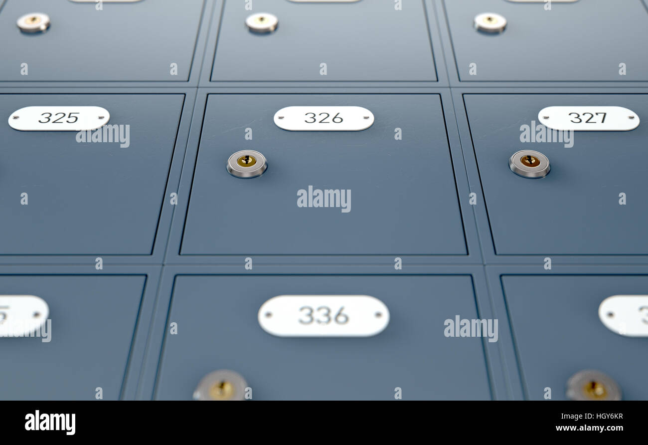 A 3D render of a bank of private numbered post office mail boxes with a ...