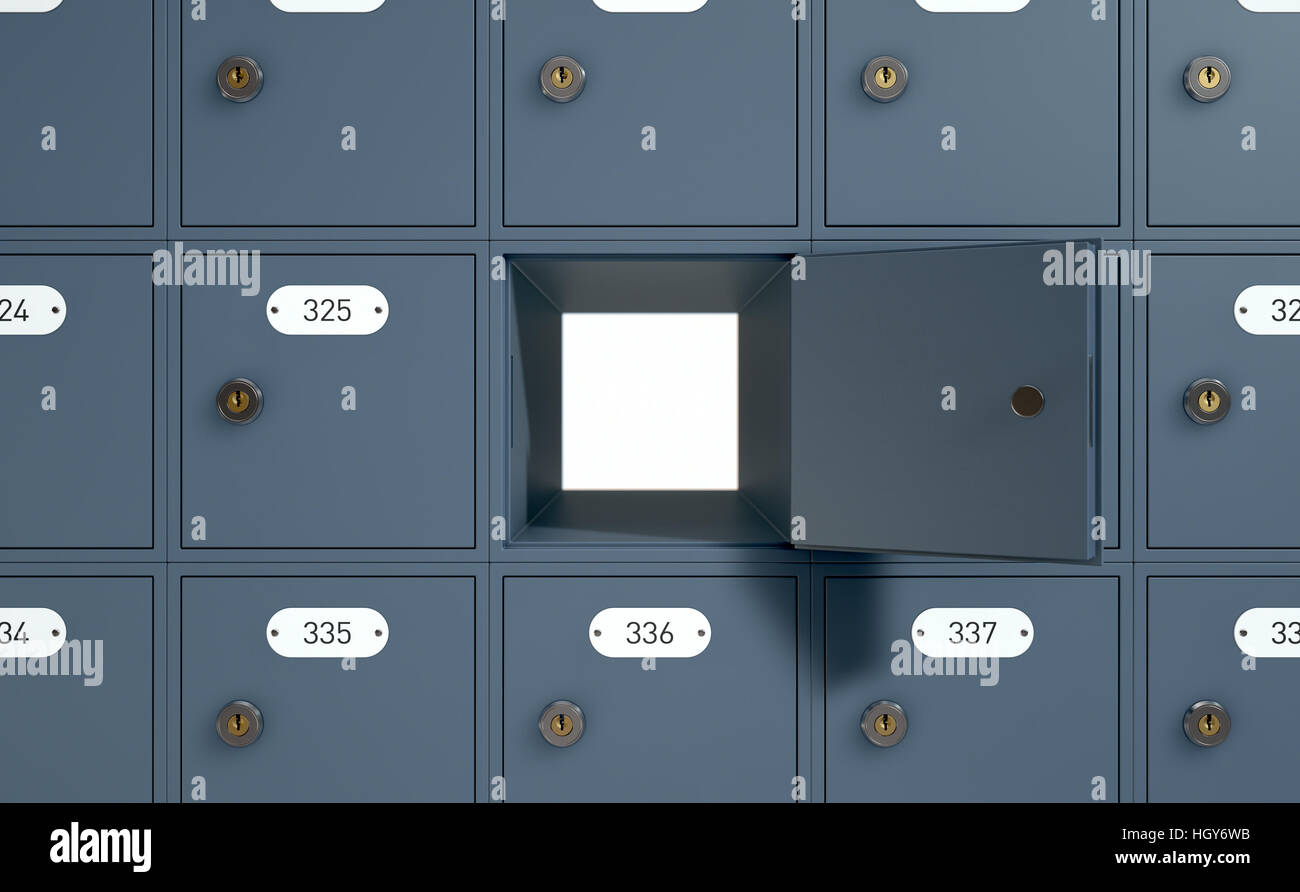 A 3D render of a bank of private numbered post office mail boxes with ...