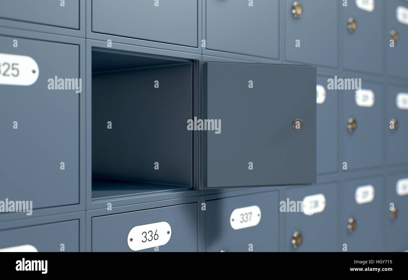 A 3D render of a bank of private numbered post office mail boxes with ...