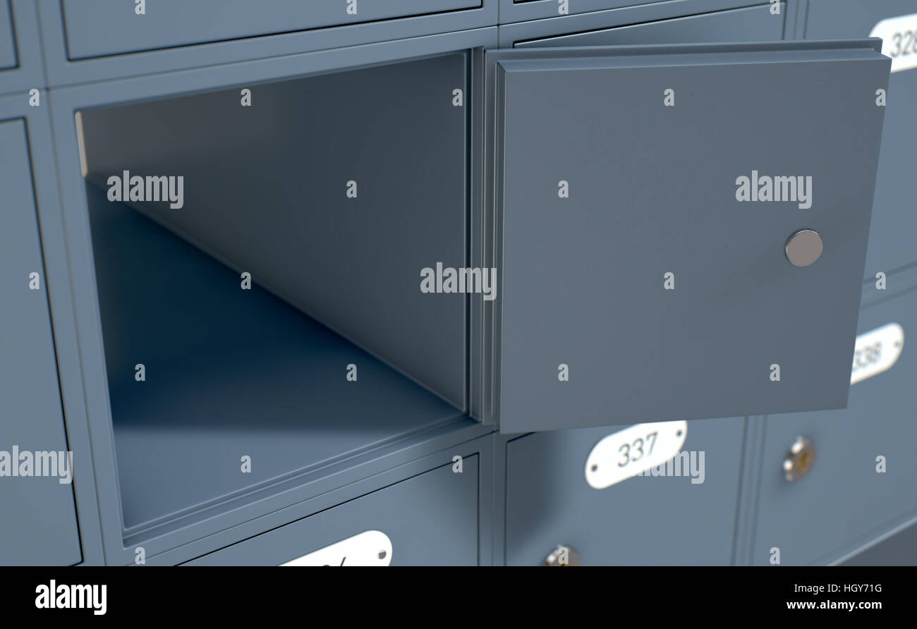 A 3D render of a bank of private numbered post office mail boxes with ...