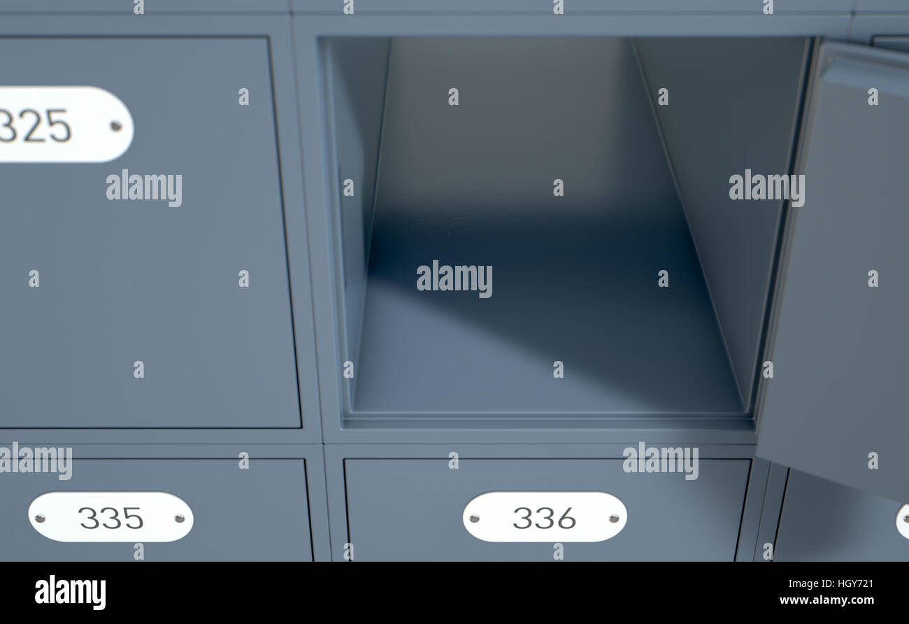 A 3D render of a bank of private numbered post office mail boxes with ...