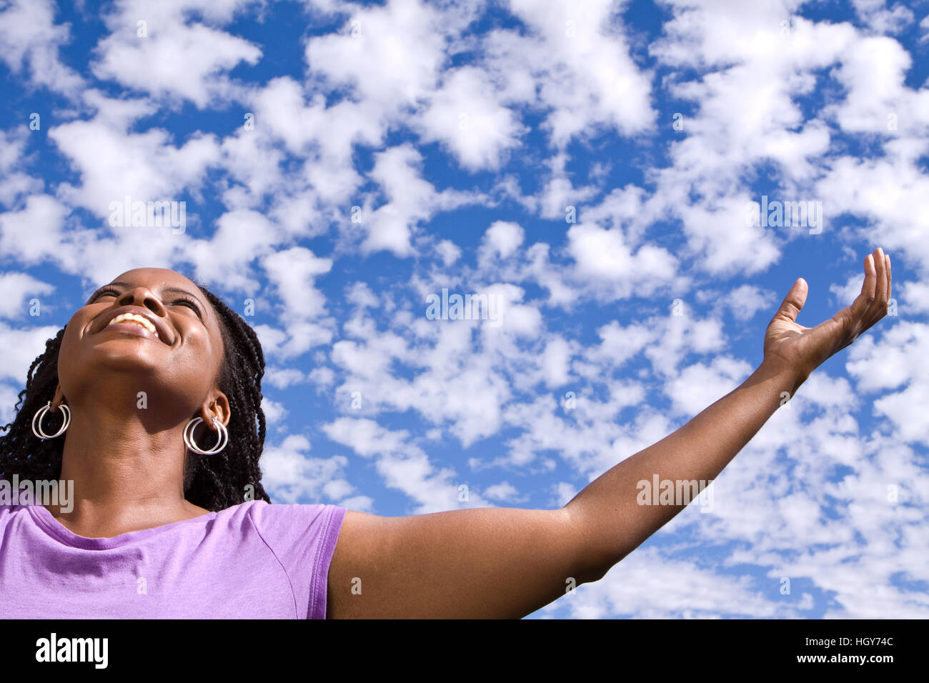 Happy African American woman with open arms Stock Photo - Alamy