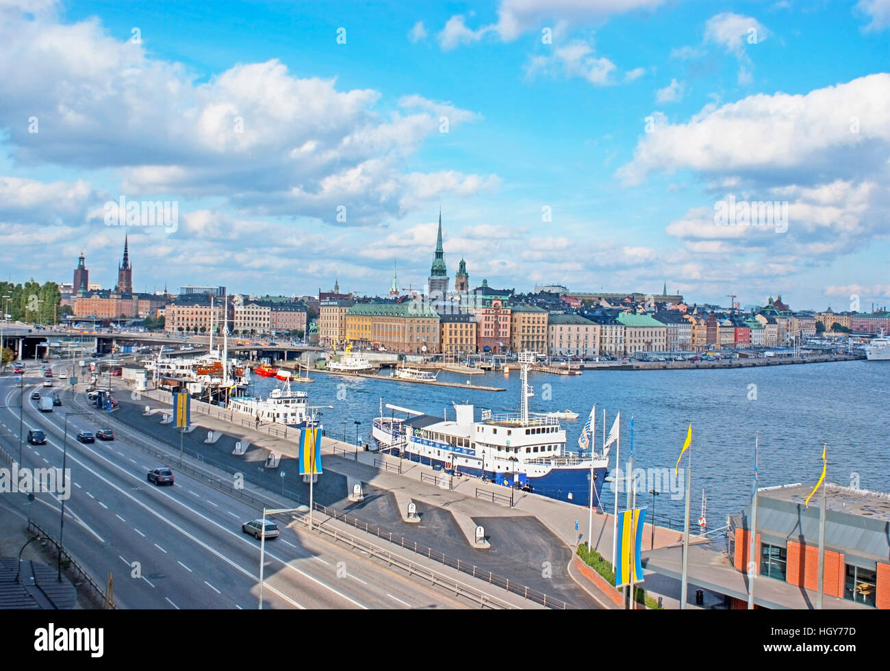 The view on the old town (Gamla Stan) with the harbour of Skeppsbron ...