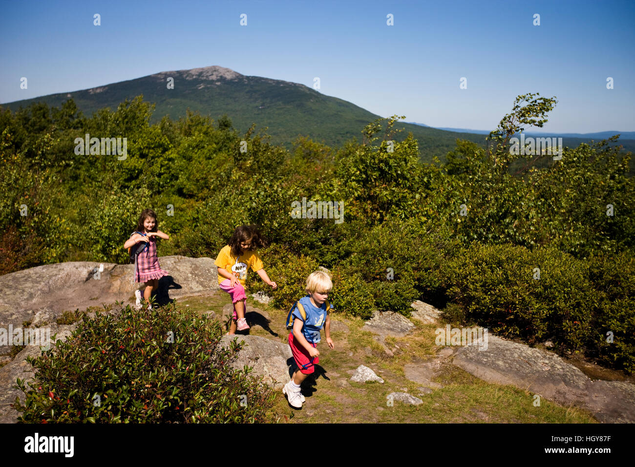 Kids hiking on Gap Mountain in Troy, New Hampshire. Mount Monadnock is ...