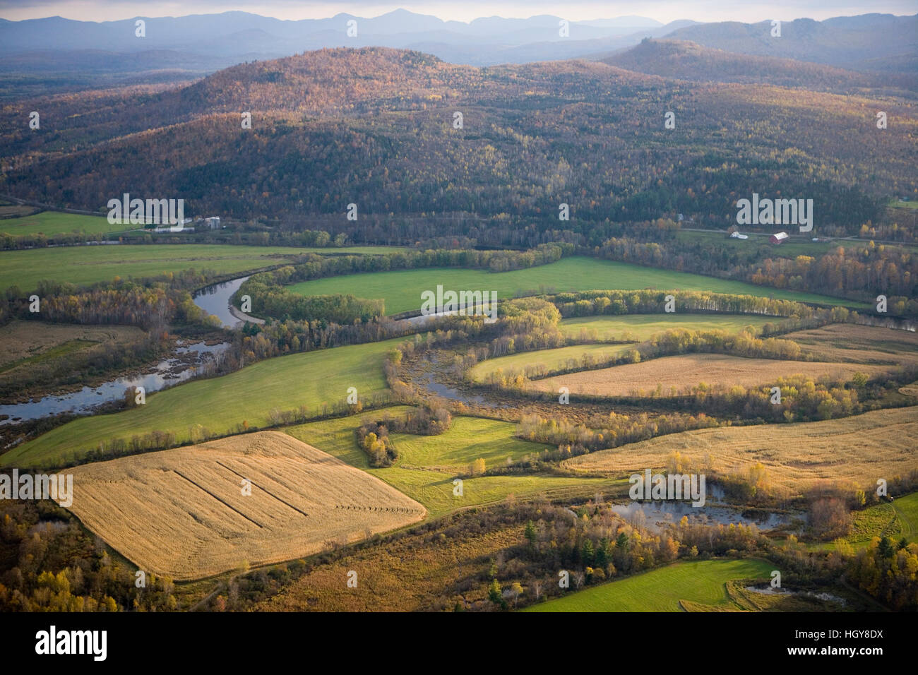 An aerial view of farms and the Connecticut River in Maidstone, Vermont ...