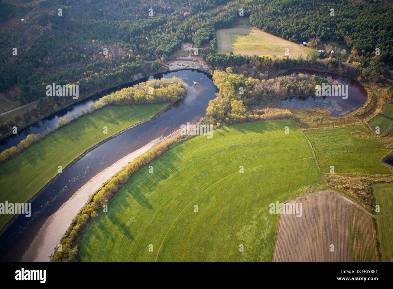 An aerial view of farms and the Connecticut River in Maidstone, Vermont ...