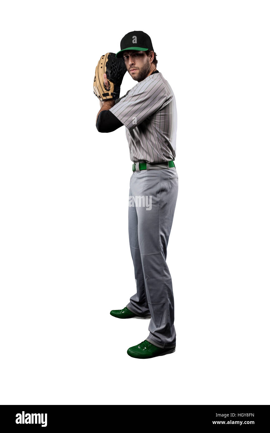 Baseball Player, pitcher, in a Green uniform, on a white background ...