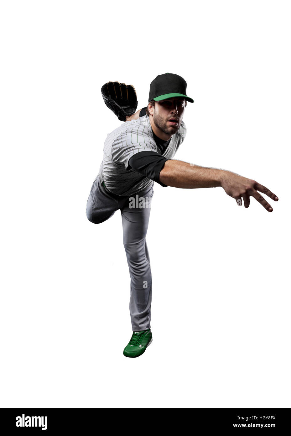 Baseball Player, pitcher, in a Green uniform, on a white background ...