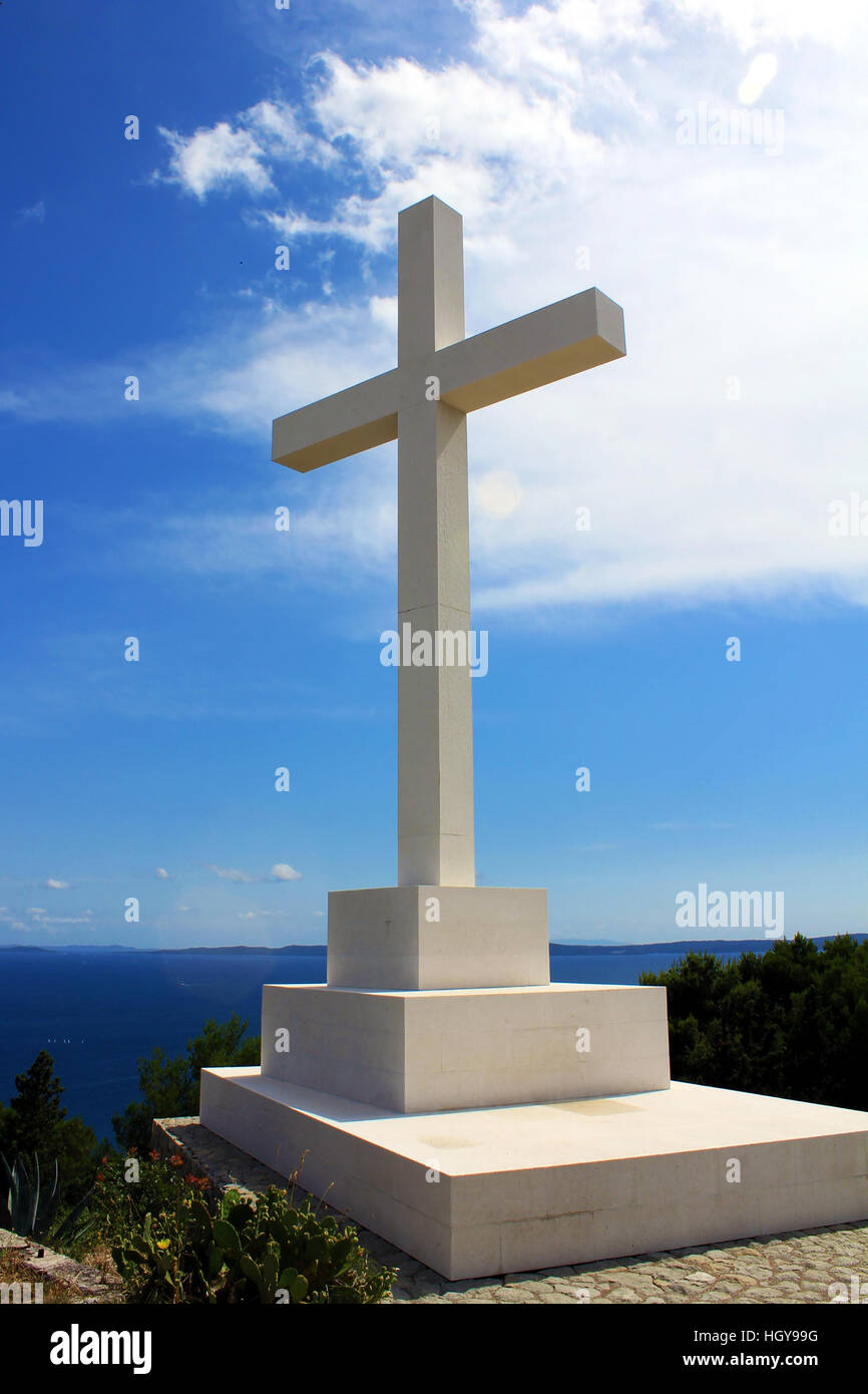 Giant cross at the top of Marjan Hill overlooking the coastline, Split ...