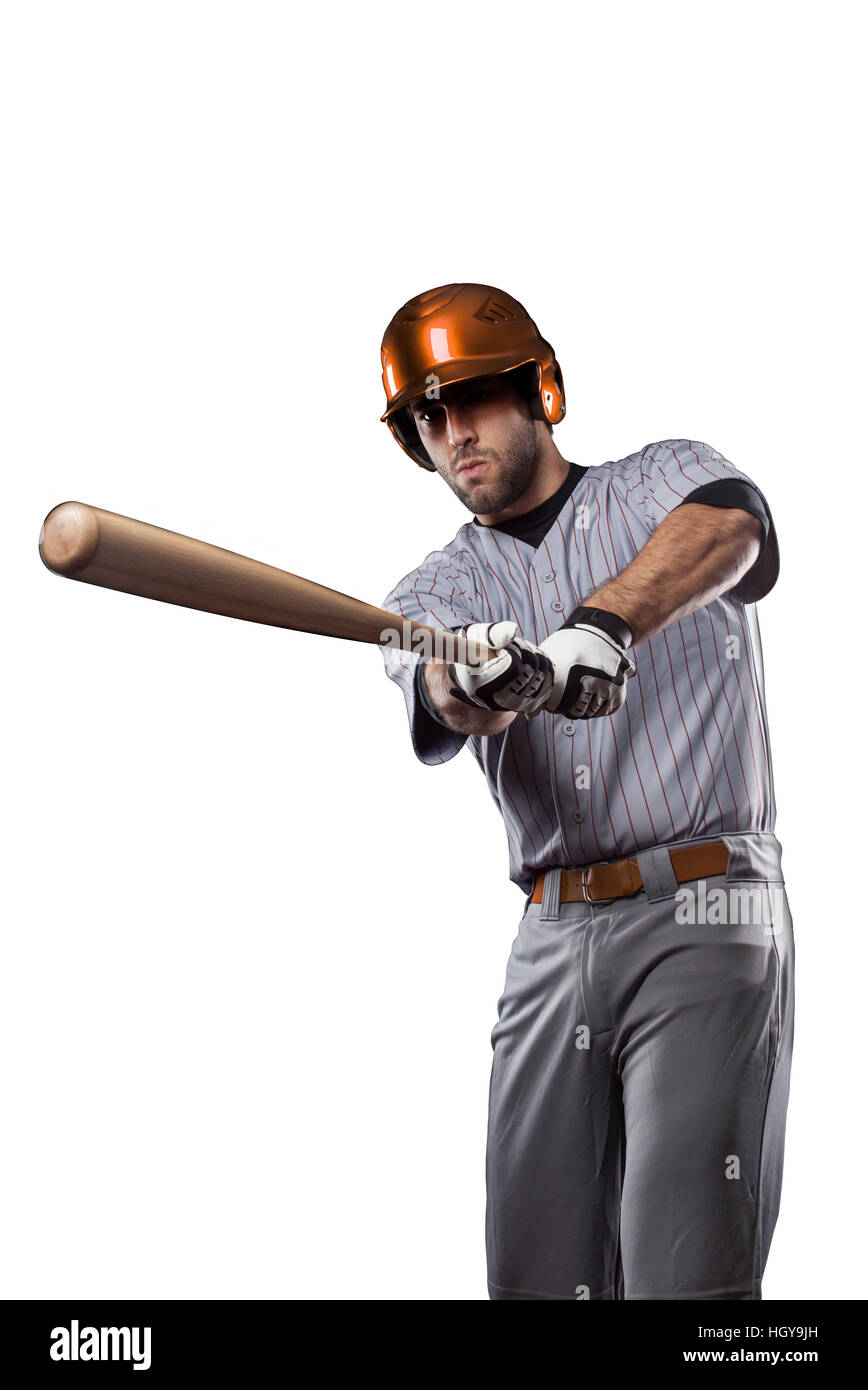Baseball Player in a Orange uniform, on a white background Stock Photo ...