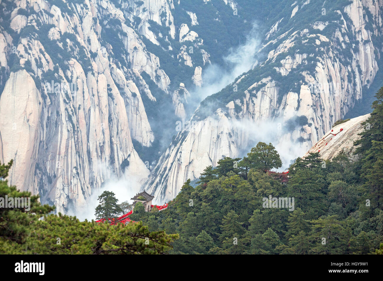 Landscape with a gazebo in the Chinese style among the steep cliffs of ...
