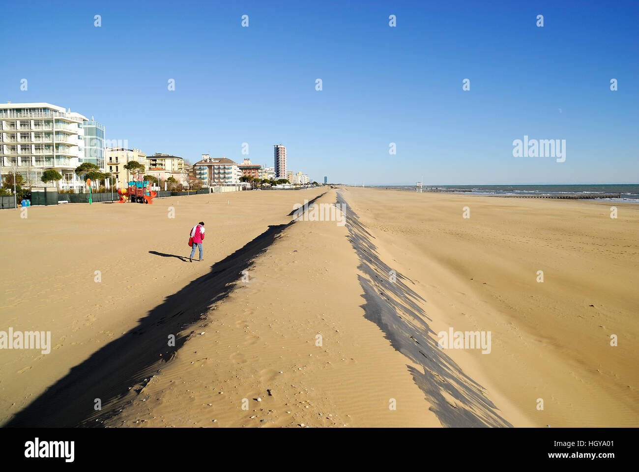 Jesolo, Veneto, Italy. Jesolo Lido beach. Artificial trench to protect ...