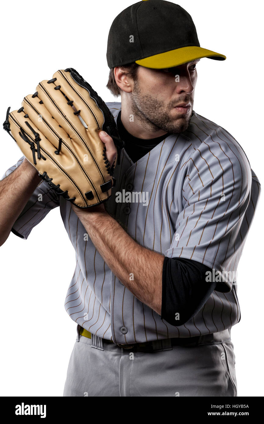 Baseball Player in a Yellow uniform, on a white background Stock Photo ...