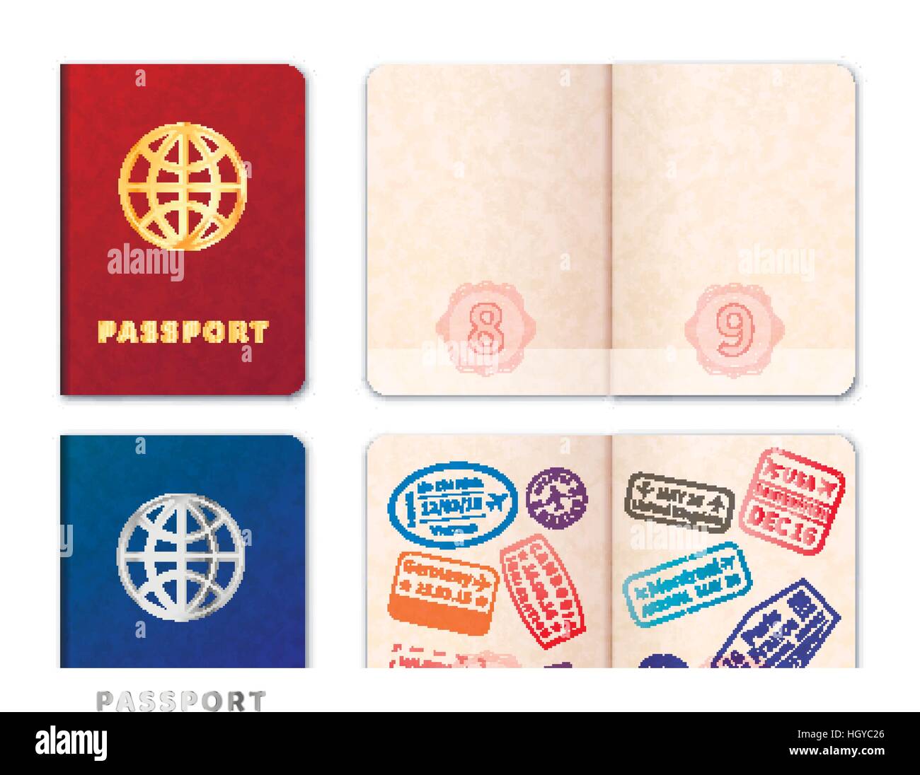 Blue and red realistic passport icons with stamp imprints isolated on ...