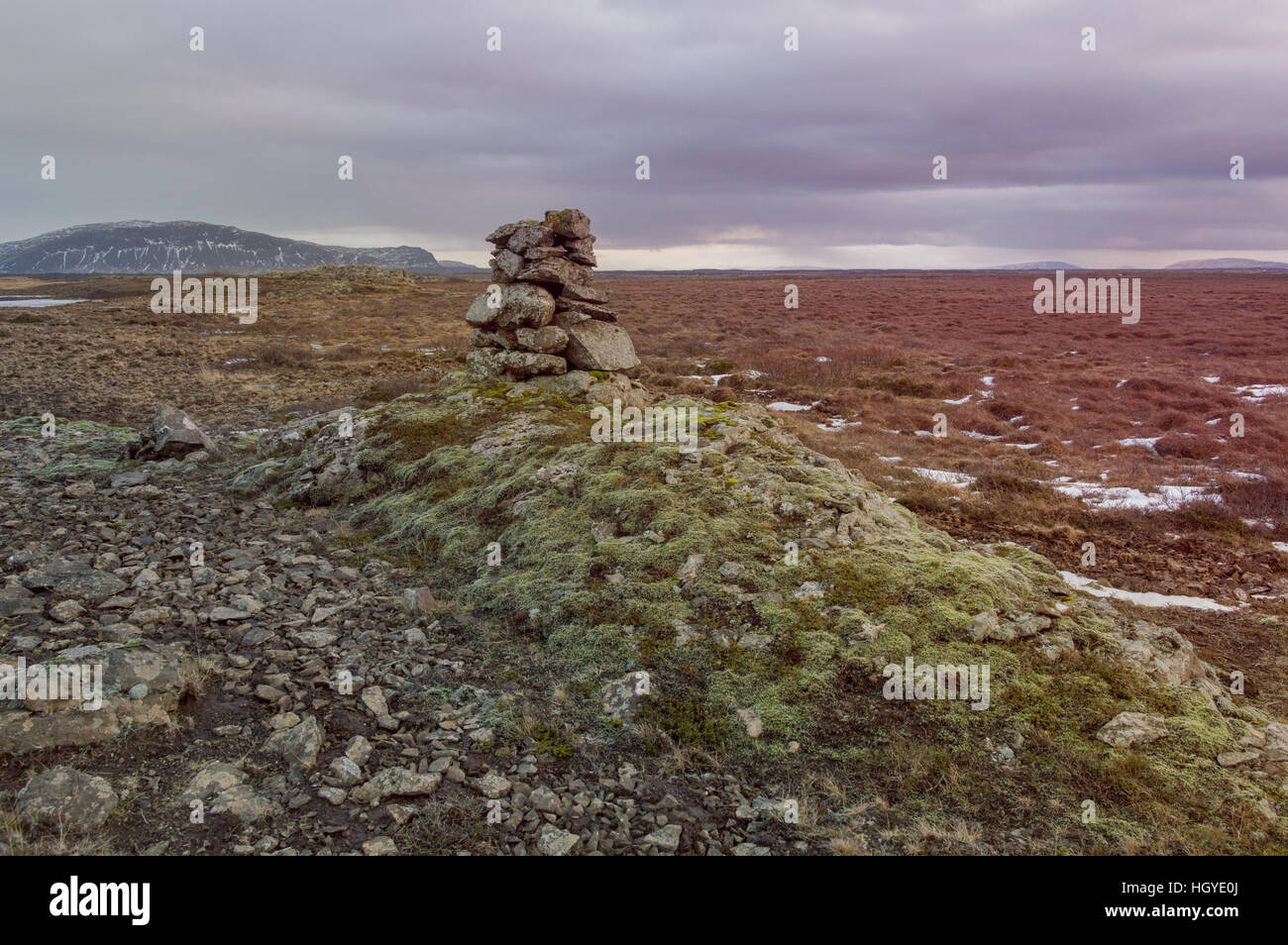 Stone cairn on the Snaefellsnes Peninsula, Iceland, in winter Stock ...