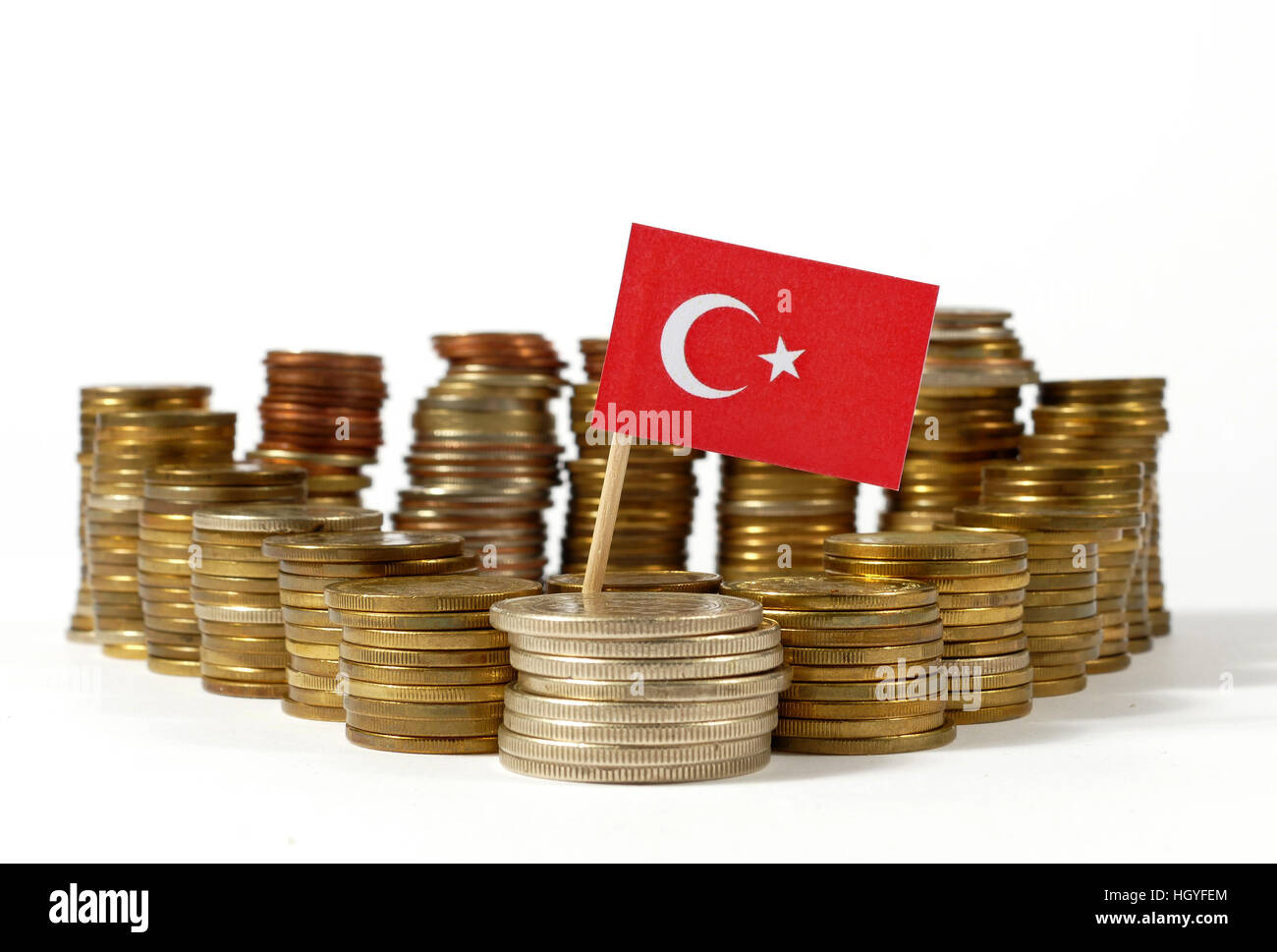 Turkey flag waving with stack of money coins Stock Photo - Alamy