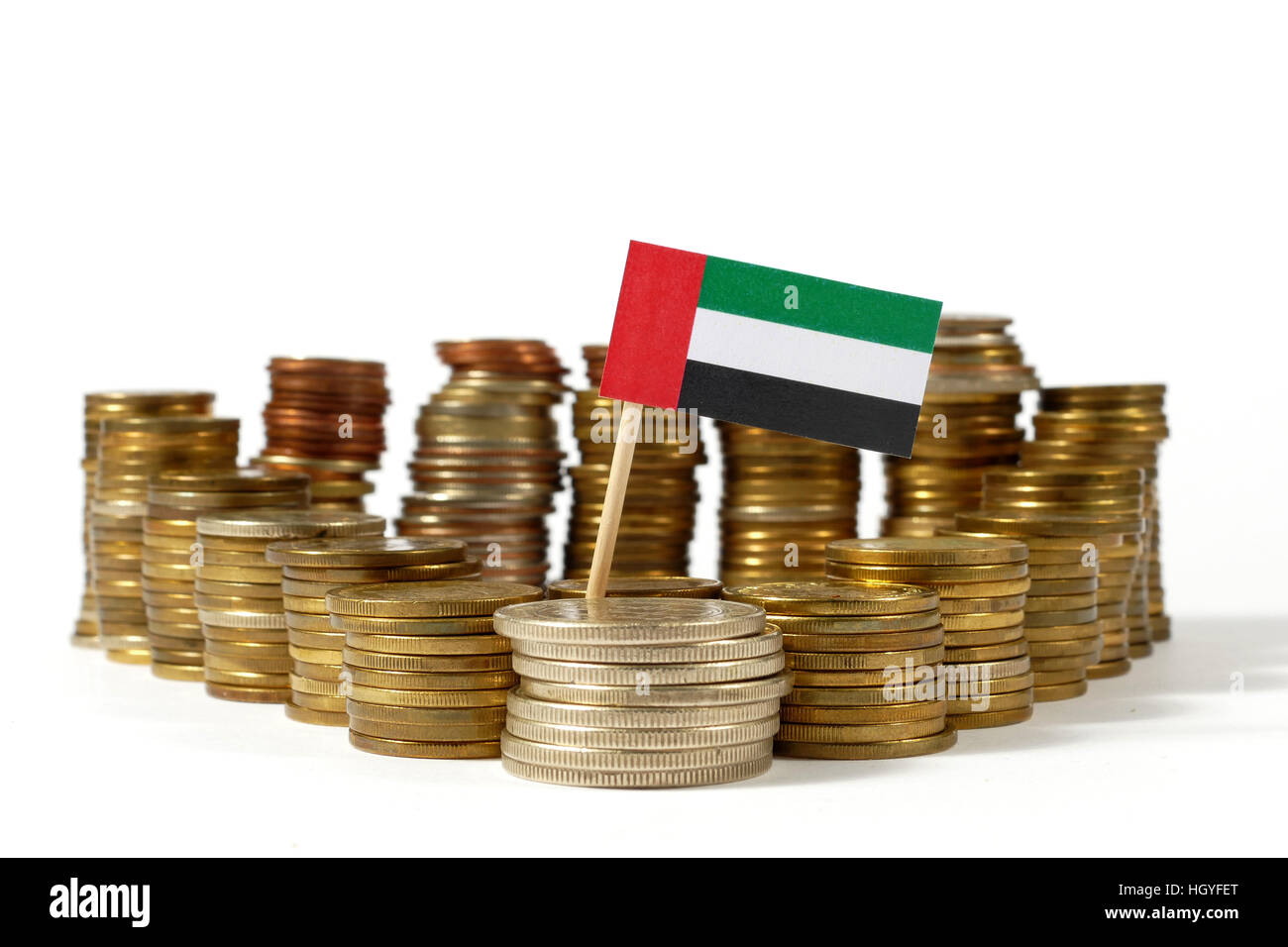 United Arab Emirates flag waving with stack of money coins Stock Photo ...