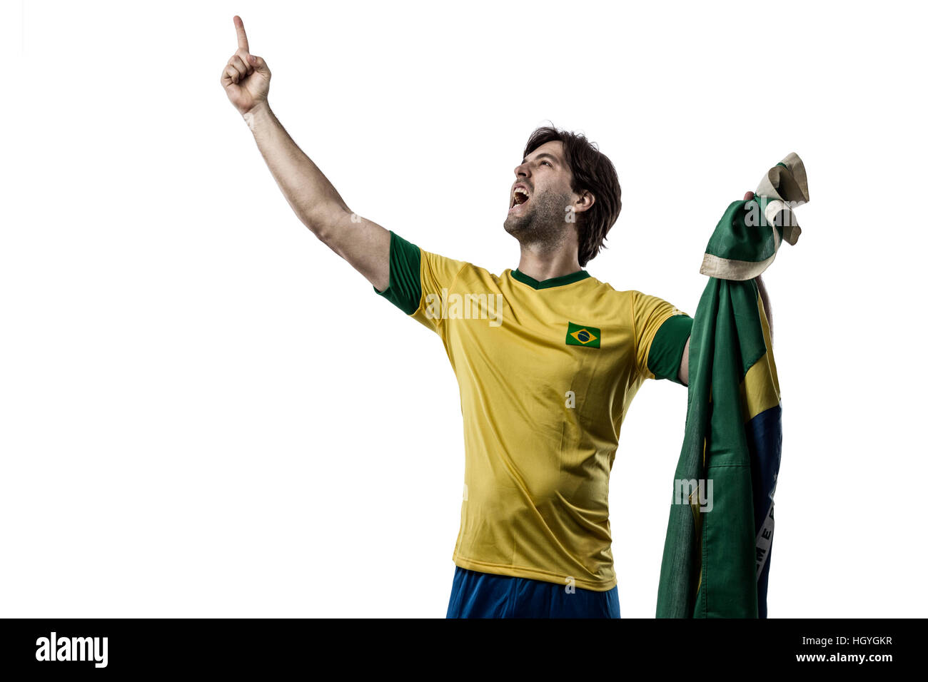 Brazilian soccer player, celebrating on a white background Stock Photo ...