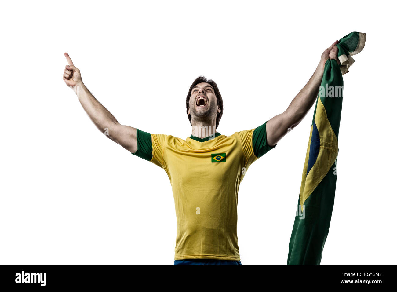 Brazilian soccer player, celebrating on a white background Stock Photo ...
