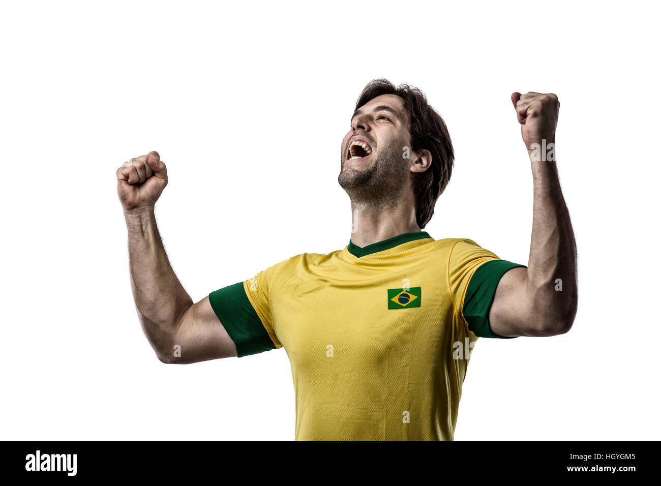 Brazilian soccer player, celebrating on a white background Stock Photo ...