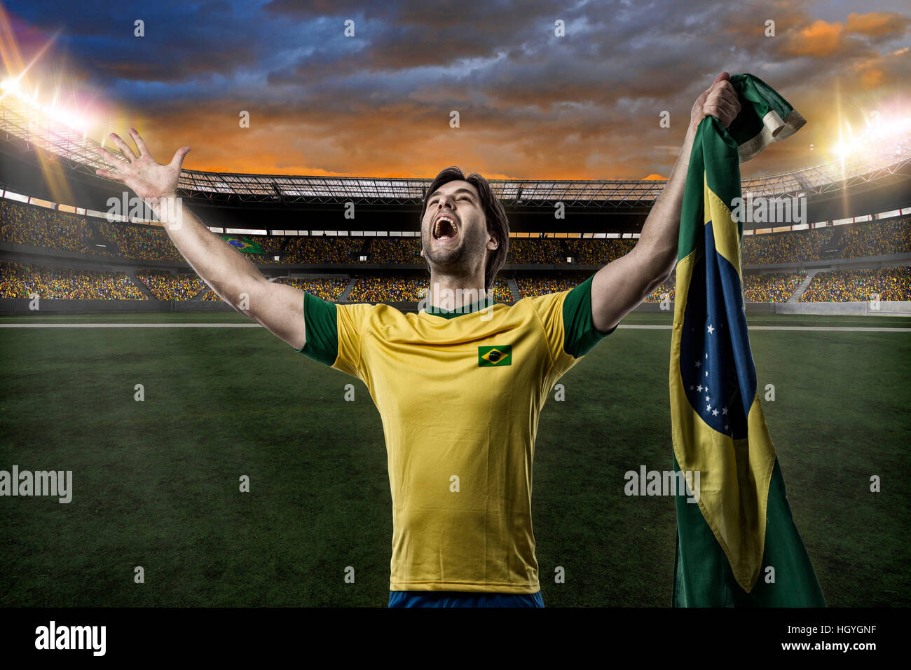 Brazilian soccer player, celebrating with the fans, on a Stadium Stock ...