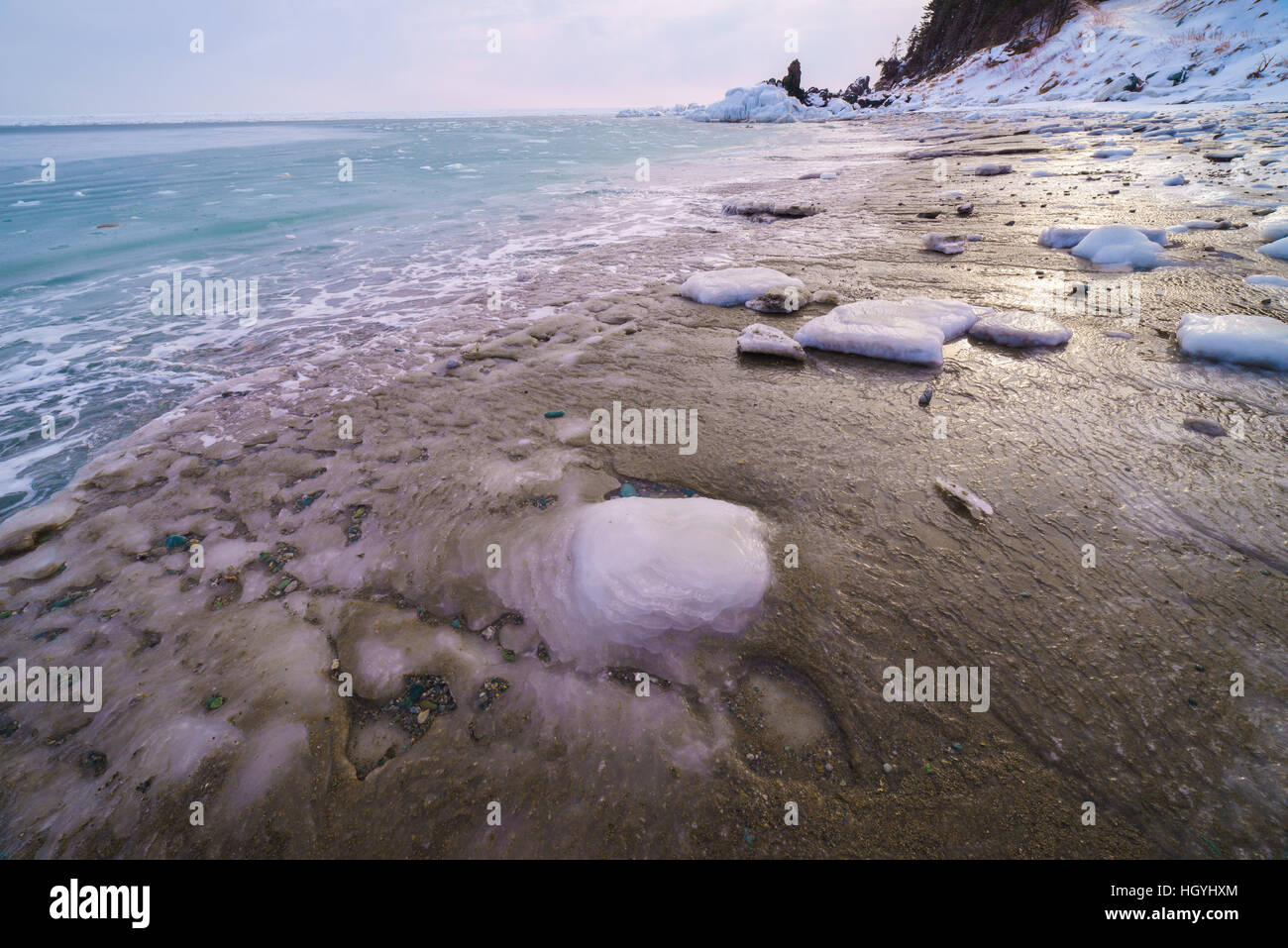 Ice covered coast of the Okhotsk sea, Sakhalin island Stock Photo - Alamy
