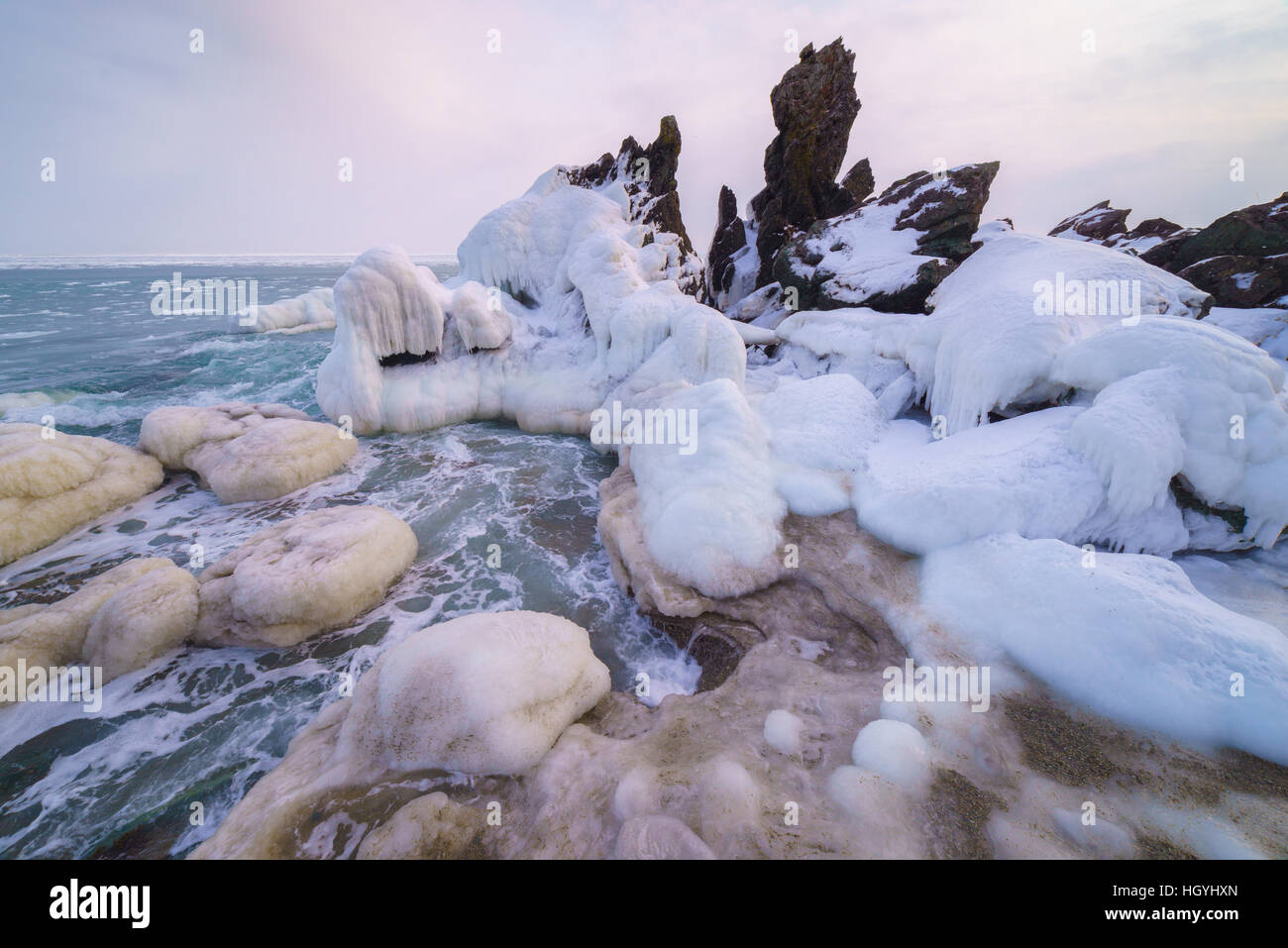 Ice covered coast of the Okhotsk sea, Sakhalin island Stock Photo - Alamy