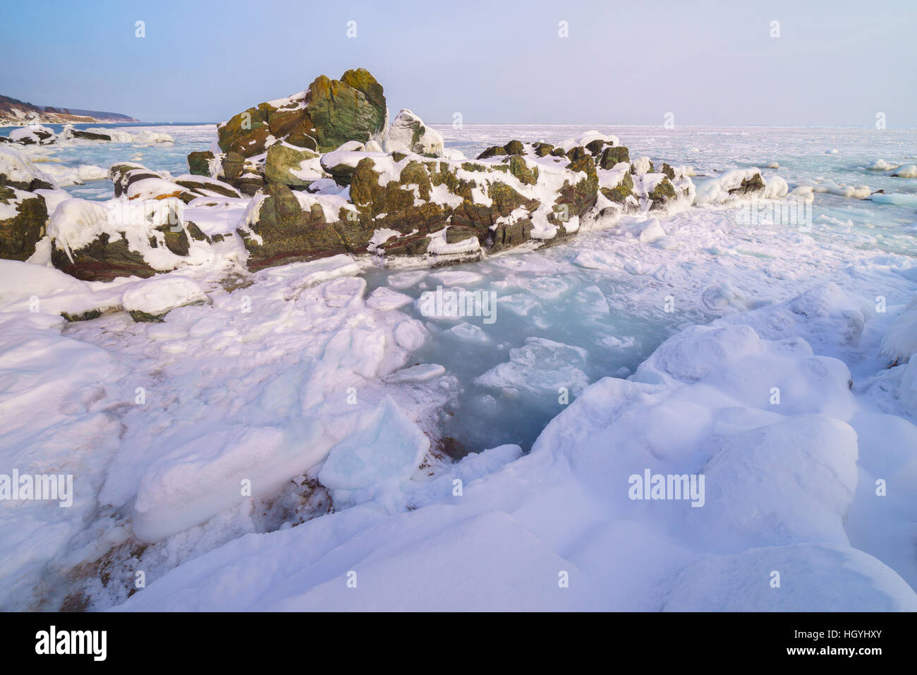 Ice covered coast of the Okhotsk sea, Sakhalin island Stock Photo - Alamy