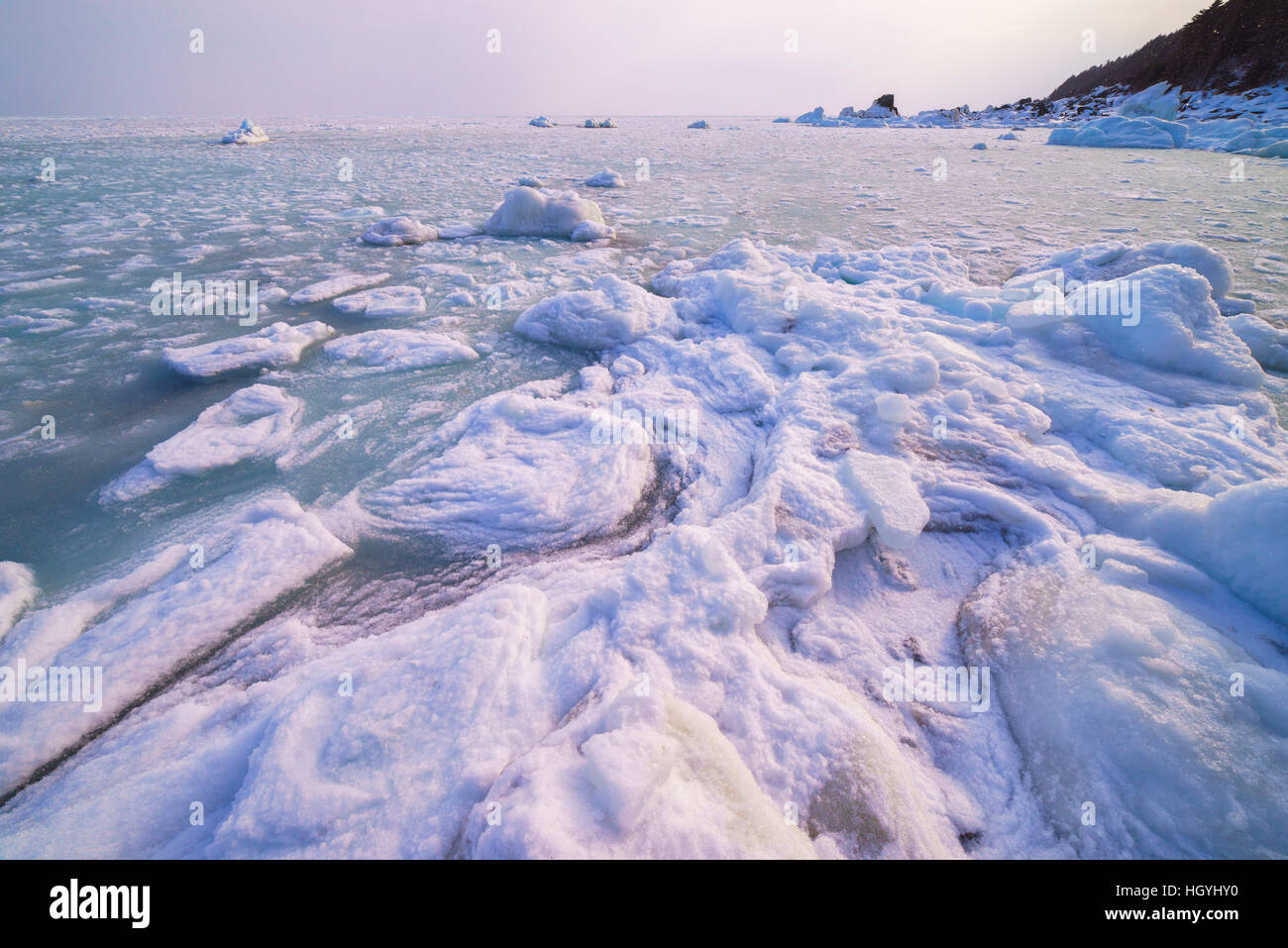 Ice covered coast of the Okhotsk sea, Sakhalin island Stock Photo - Alamy