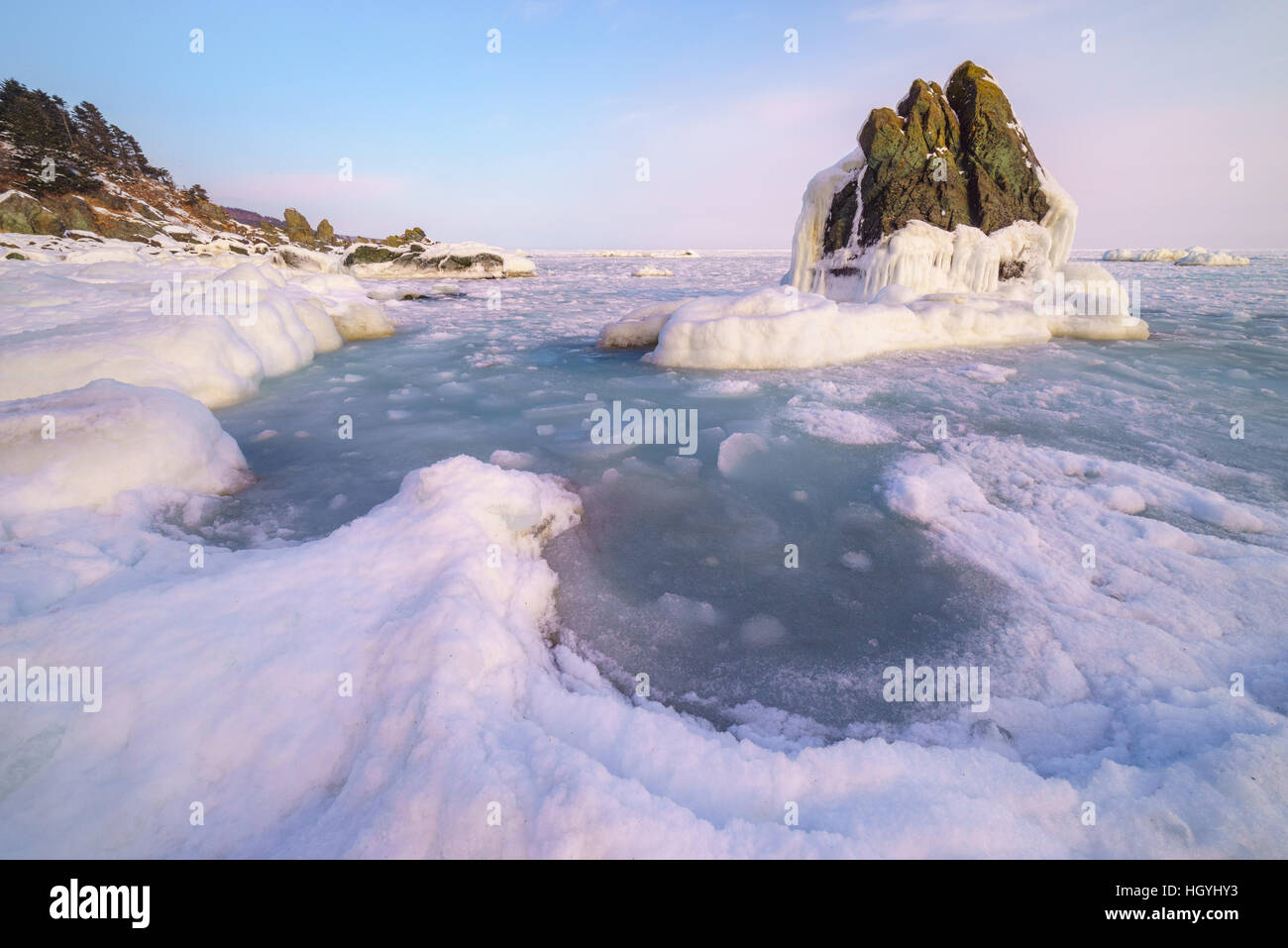 Ice covered coast of the Okhotsk sea, Sakhalin island Stock Photo - Alamy