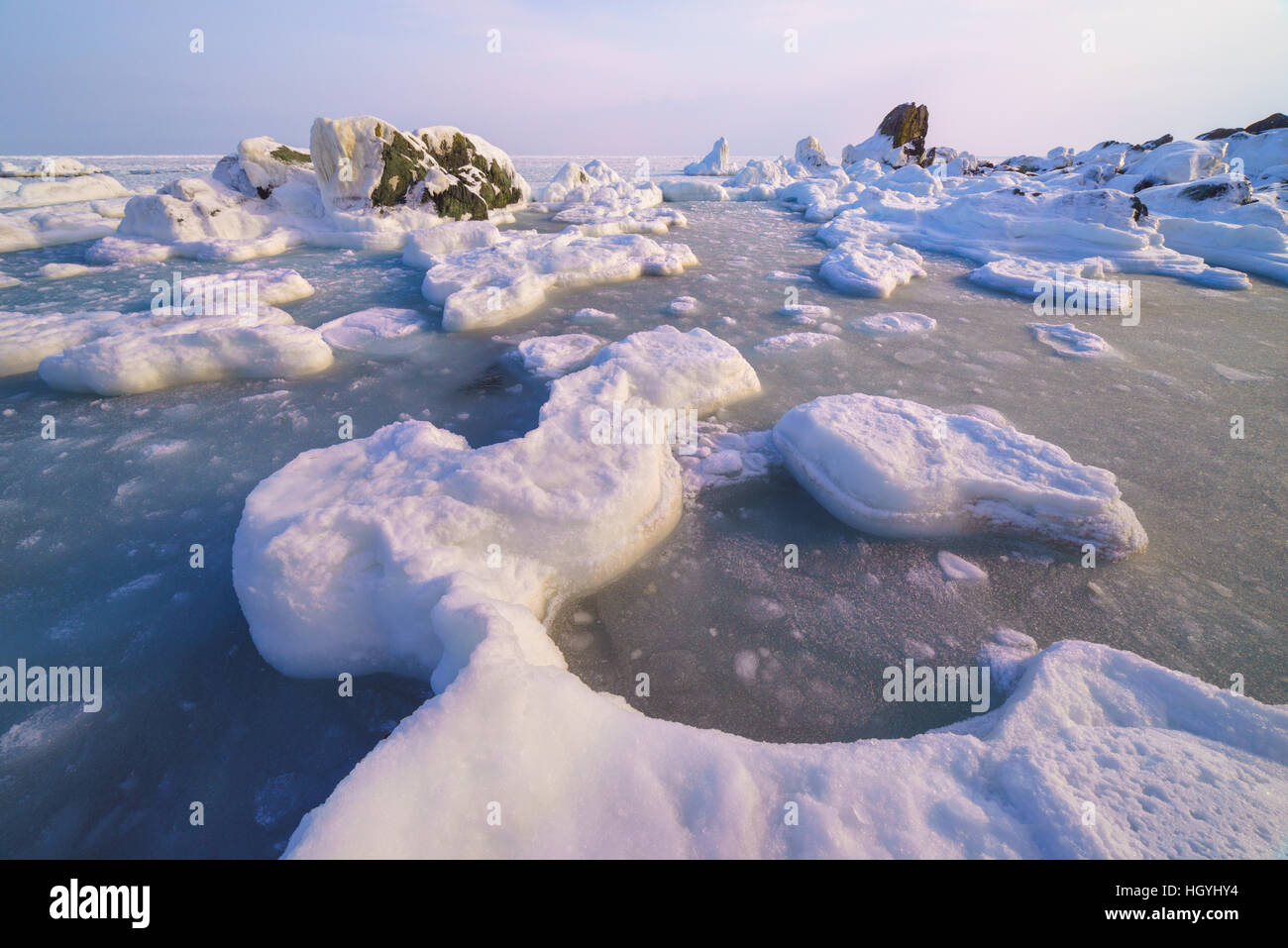 Ice covered coast of the Okhotsk sea, Sakhalin island Stock Photo - Alamy
