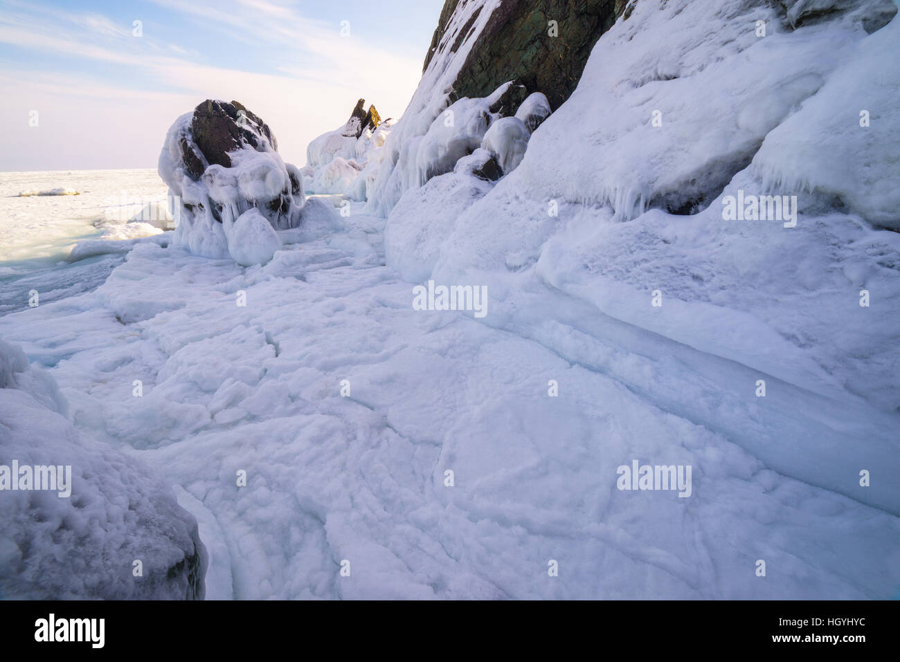 Ice covered coast of the Okhotsk sea, Sakhalin island Stock Photo - Alamy