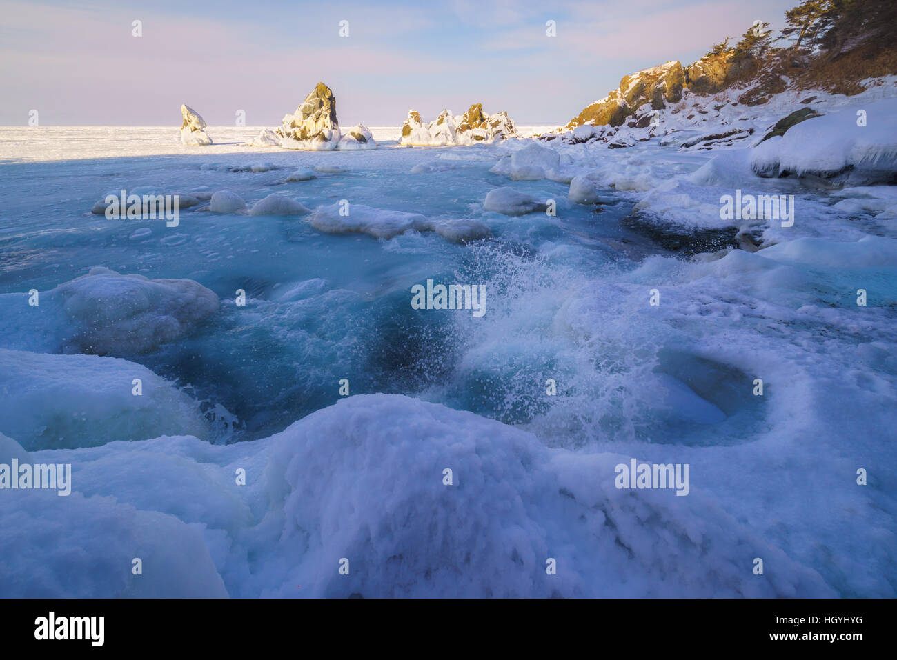Ice covered coast of the Okhotsk sea, Sakhalin island Stock Photo - Alamy