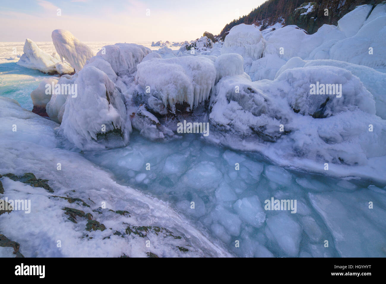 Ice covered coast of the Okhotsk sea, Sakhalin island Stock Photo - Alamy