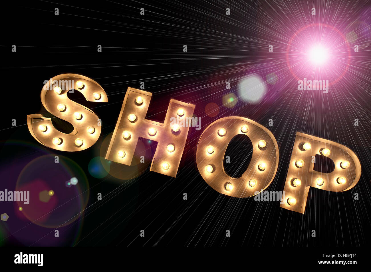 Shop sign with sparcle and lens flare Stock Photo - Alamy