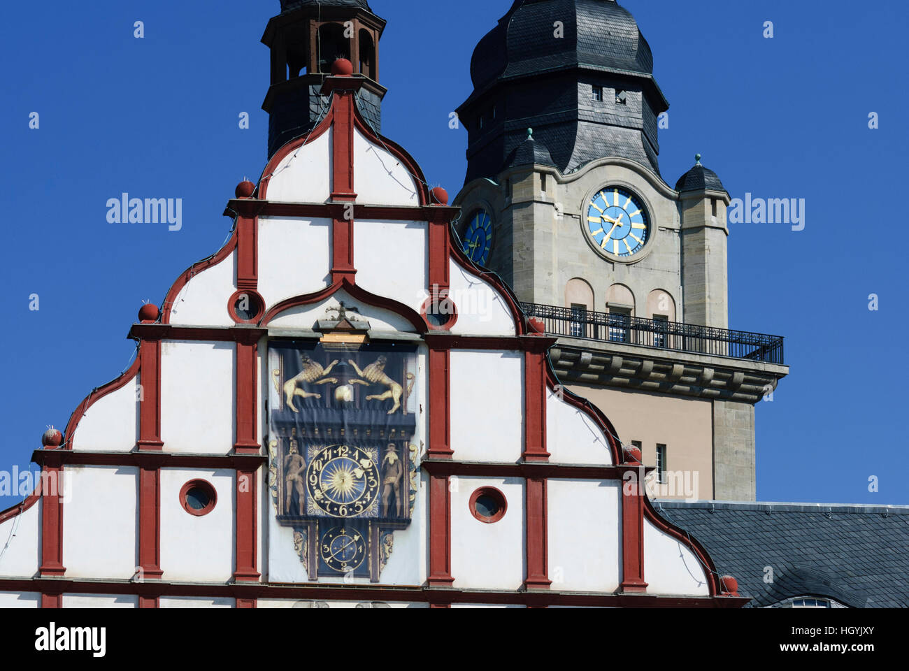 Plauen: Old Town Hall (front) with the "lace museum" and New Town Hall ...