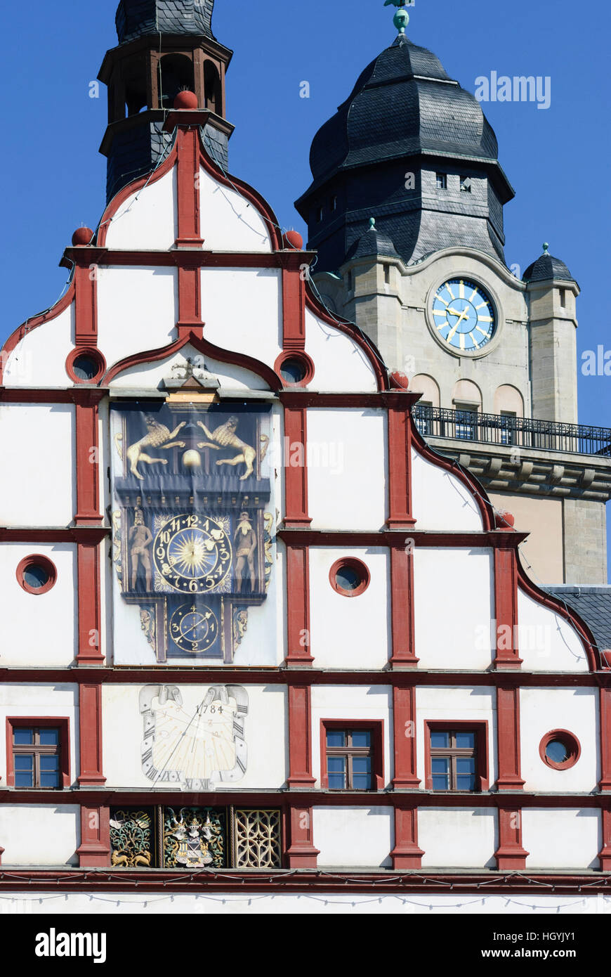 Plauen: Old Town Hall (front) with the "lace museum" and New Town Hall ...