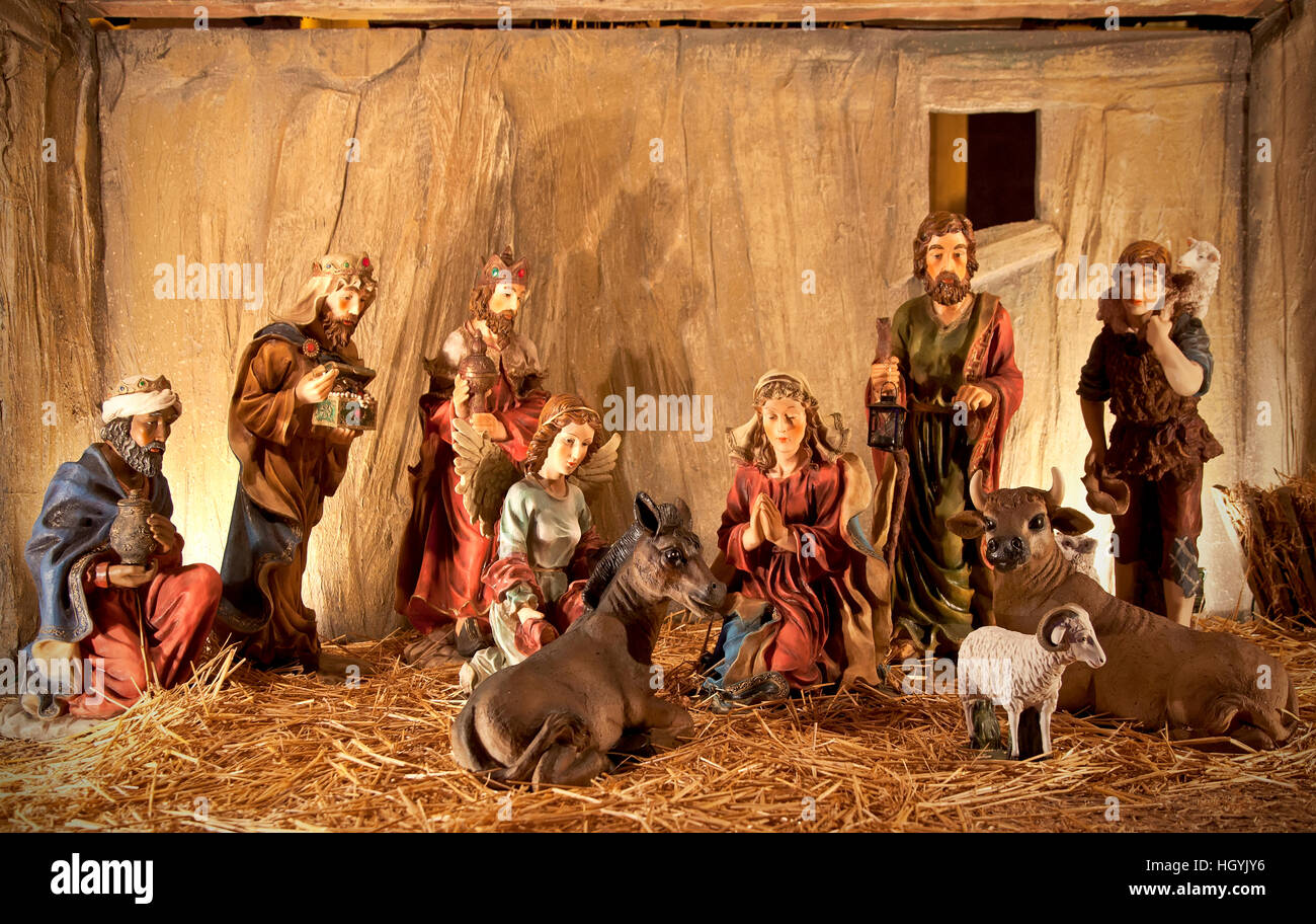 Christmas scene with figurines representing the birth of Jesus Christ ...