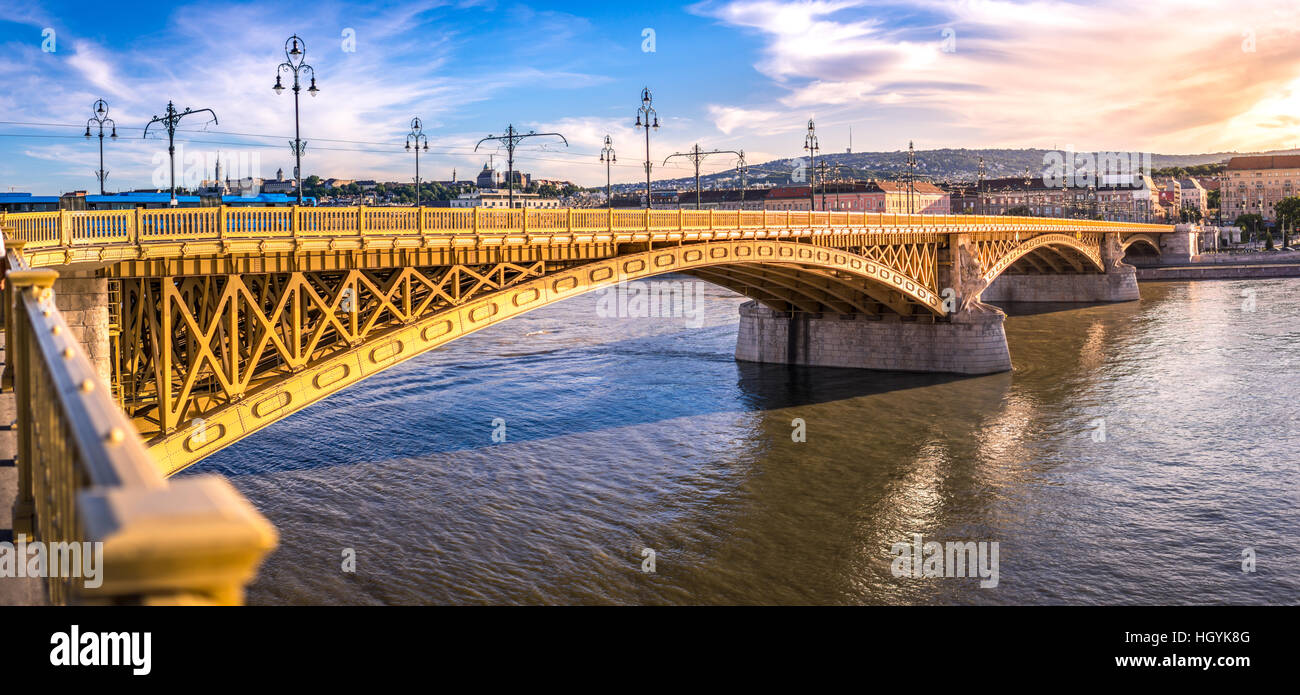 Three way bridge connecting the Margaret island with Buda and Pest ...