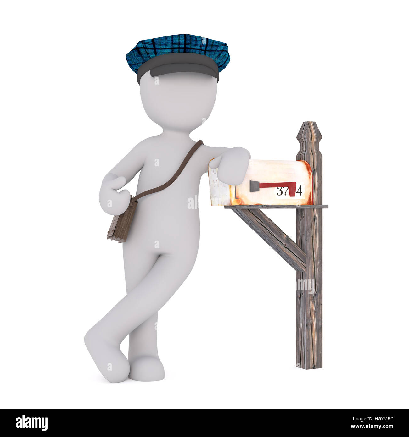 Faceless cartoon mailman character standing next to wooden mailbox with ...