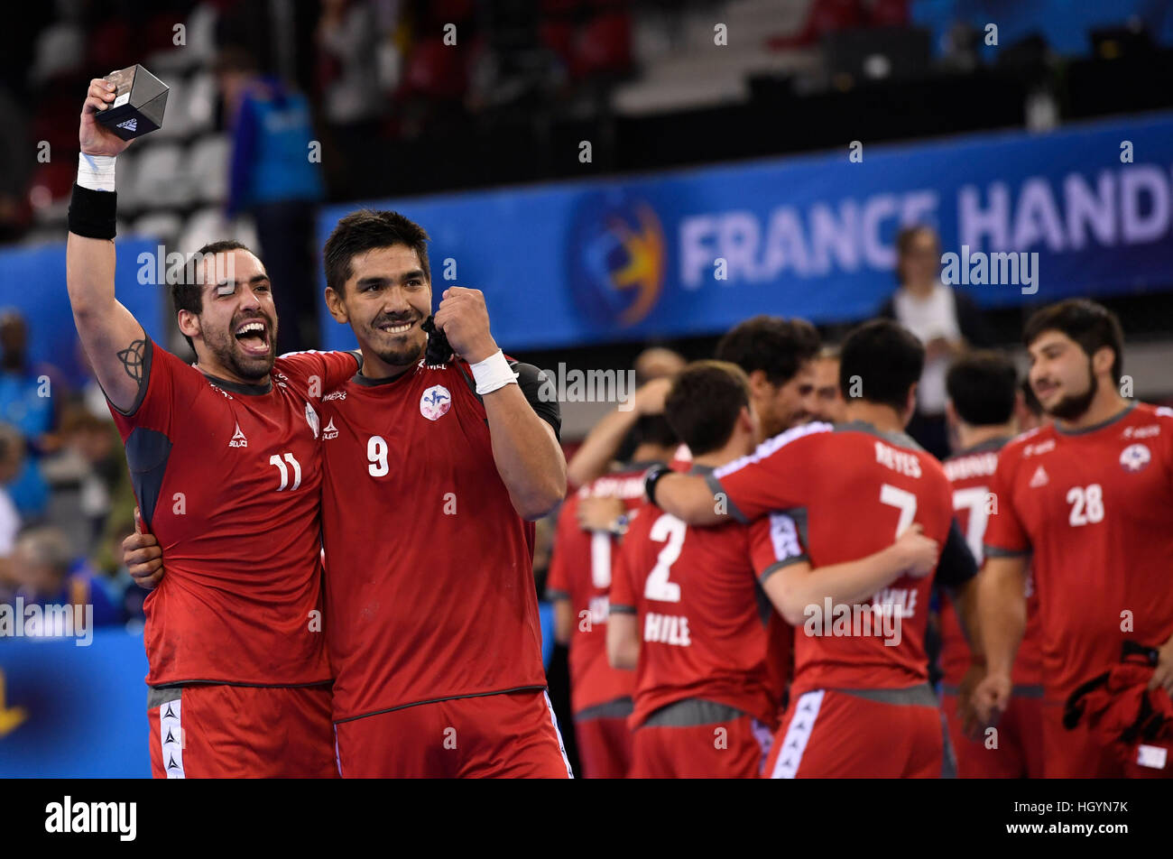 Rouen, France. 13th Jan, 2017. The Chile team celebrates its victory at ...