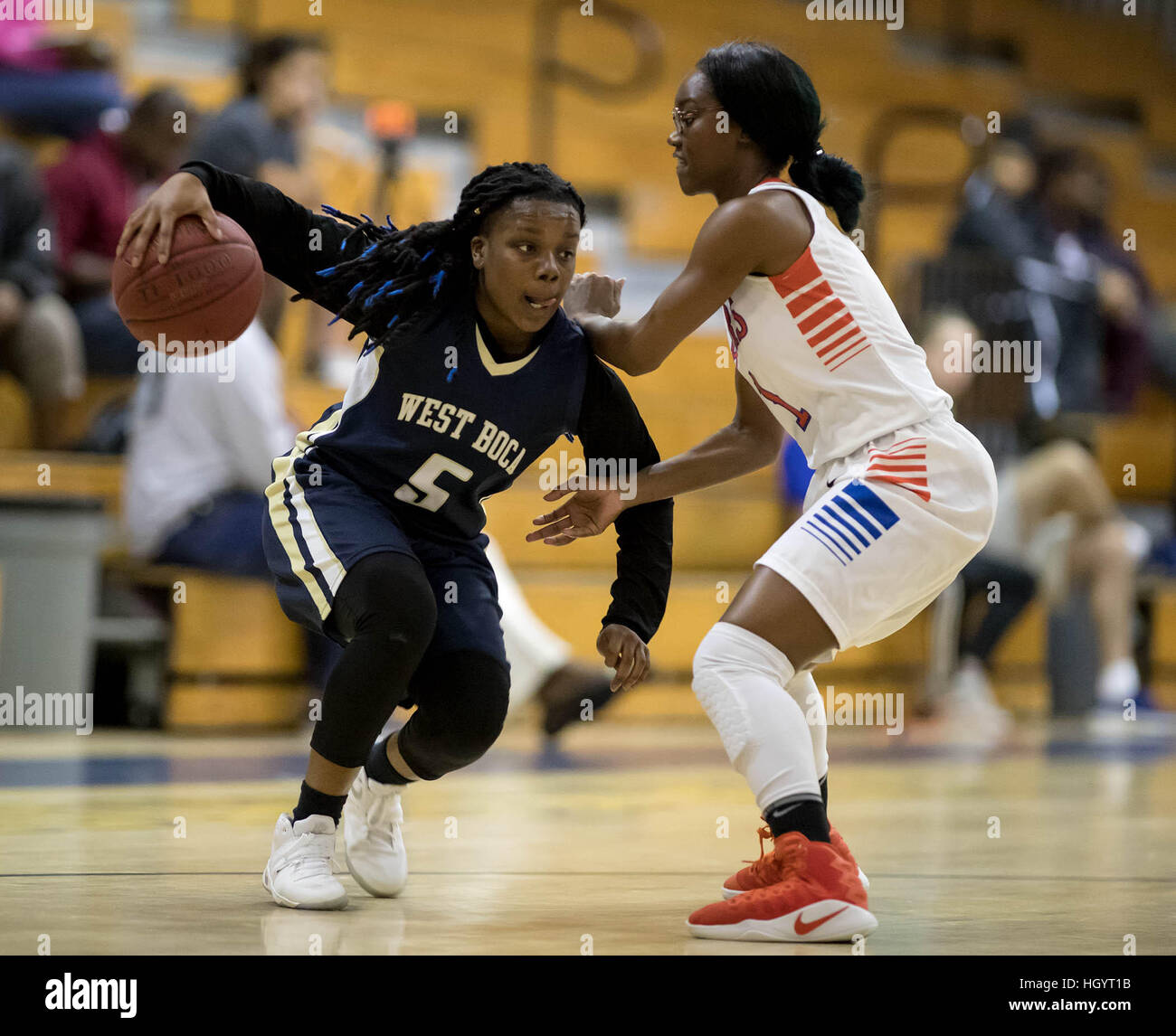 Boca Raton, USA. 13th Jan, 2017. West Boca's Asia Jones (5) is defended ...