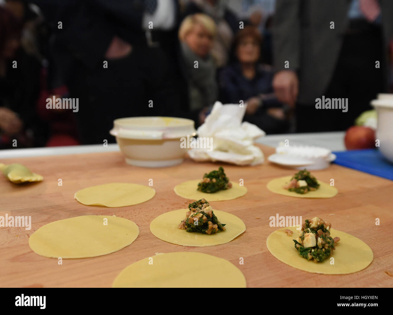 Oldenburg, Germany. 14th Jan, 2017. Raviolis with kale filling lie on a ...
